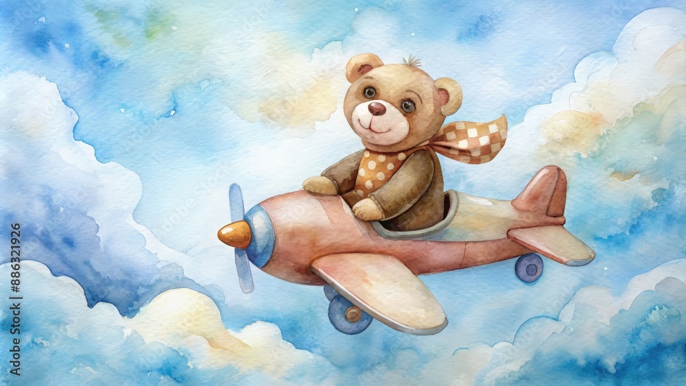 Teddy bear flying in an airplane in a whimsical watercolor , Teddy bear ...
