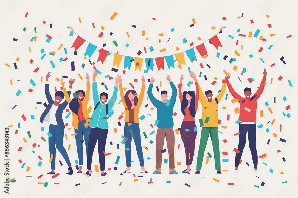 A group of diverse people are celebrating with their hands raised in ...