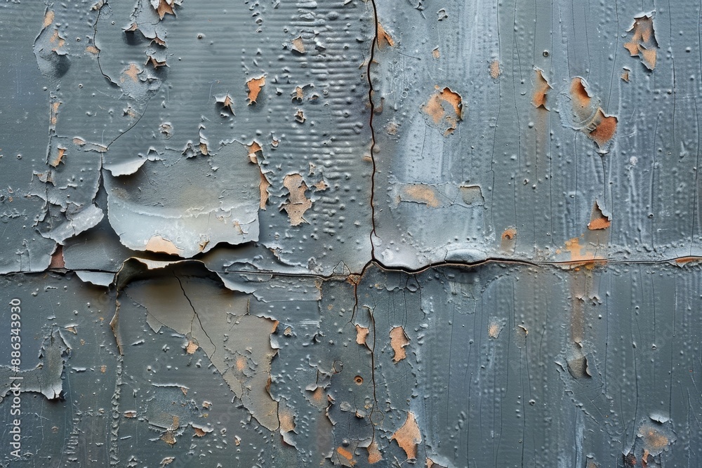 Detailed view of a rusted metal wall with chipped paint and scratches, showing signs of decay ...