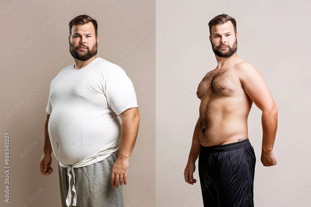 Before and after photos of a man's weight loss transformation: one with ...