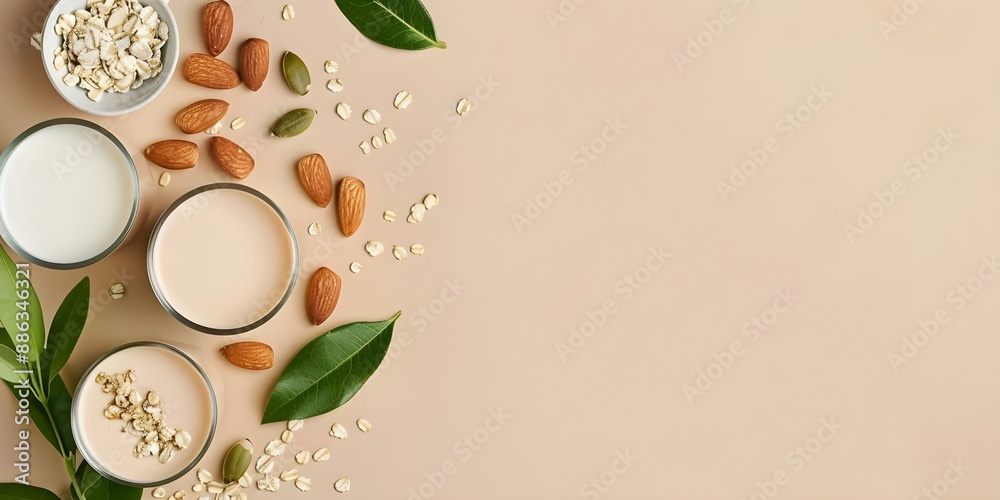 Plant-based Milks, Nuts, and Greens Arranged in a Flat Lay on a Beige ...