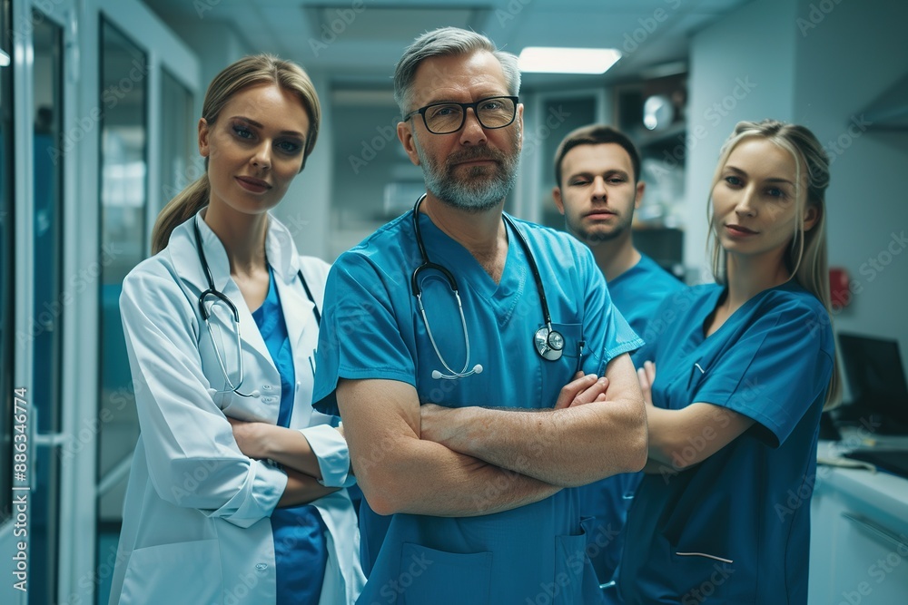 Emergency medical team with doctor, surgeon, and anesthetist in clinic ...