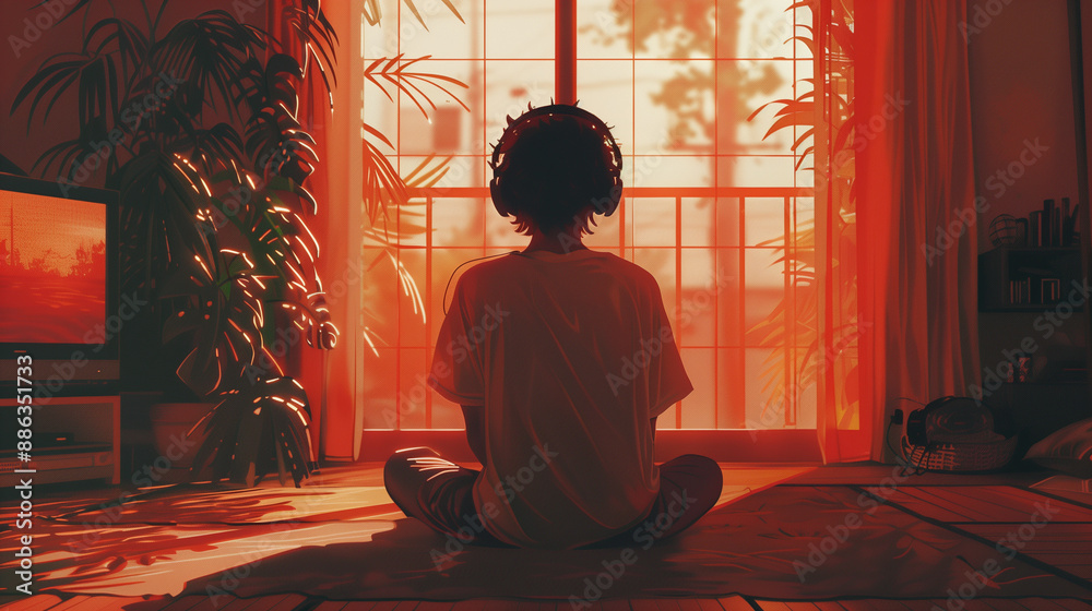 lofi or lo-fi style background, girl sit on the floor while watching ...