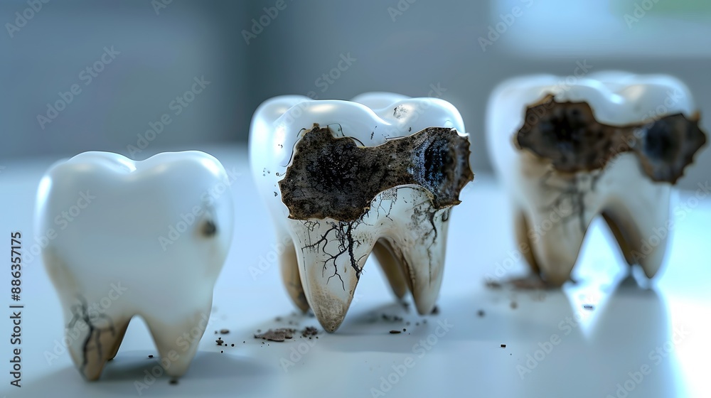 3D tooth showing stages of decay, progressive damage, white, Cinema 4D ...