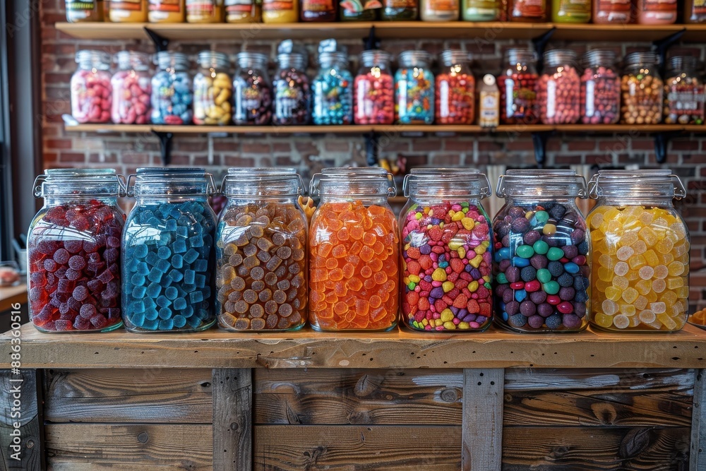 A vibrant candy store display with jars filled with different types of ...
