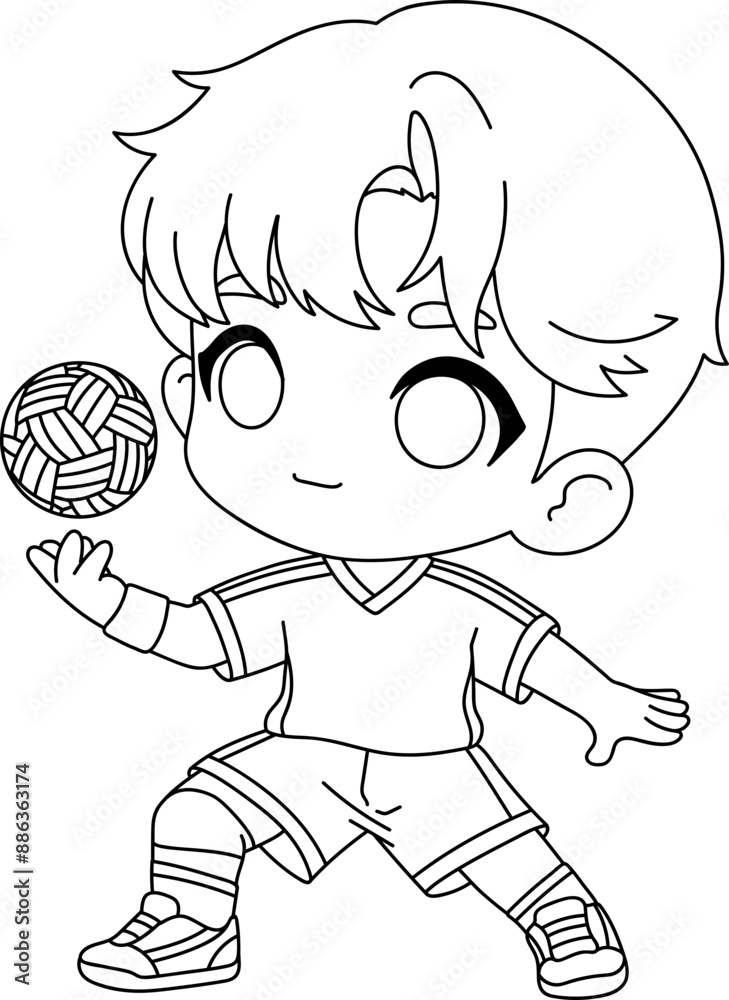 Cute cartoon boy playing sepak takraw with a rattan ball, wearing a ...