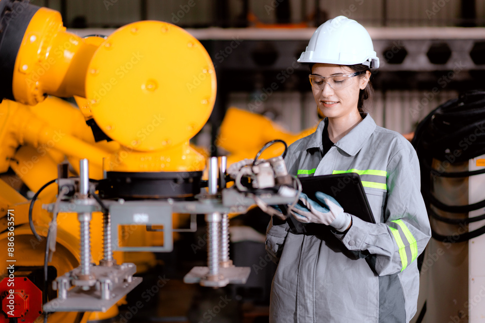 Industrial engineer working on robot maintenance in AI futuristic ...