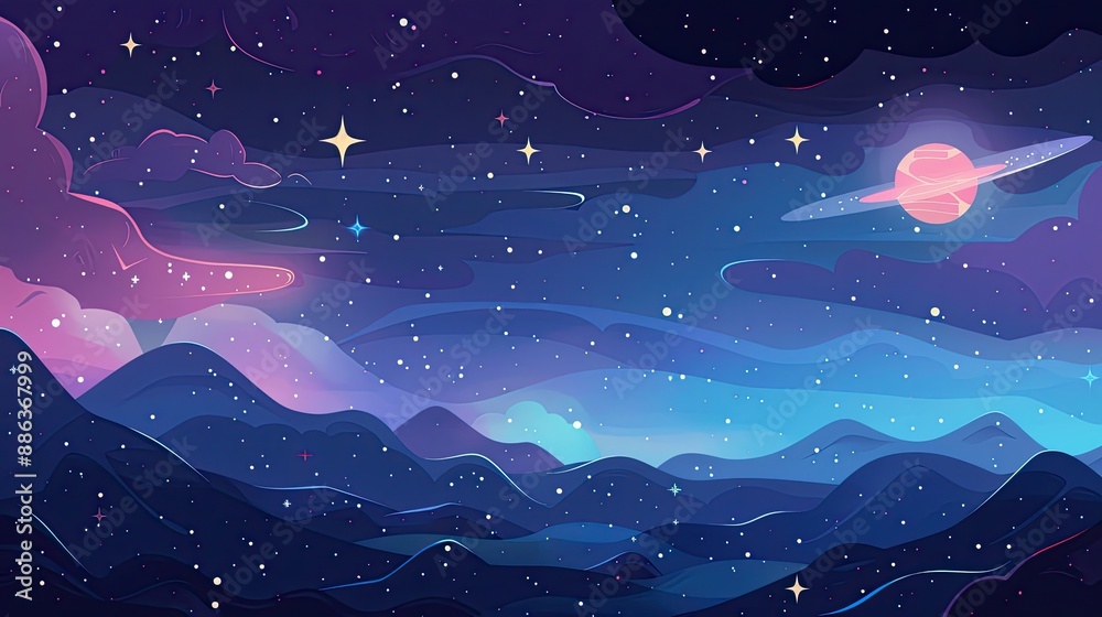 Starry night sky flat design top view celestial theme cartoon drawing ...