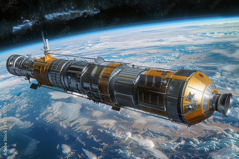 An artists concept of a high-tech space station floating in the ...
