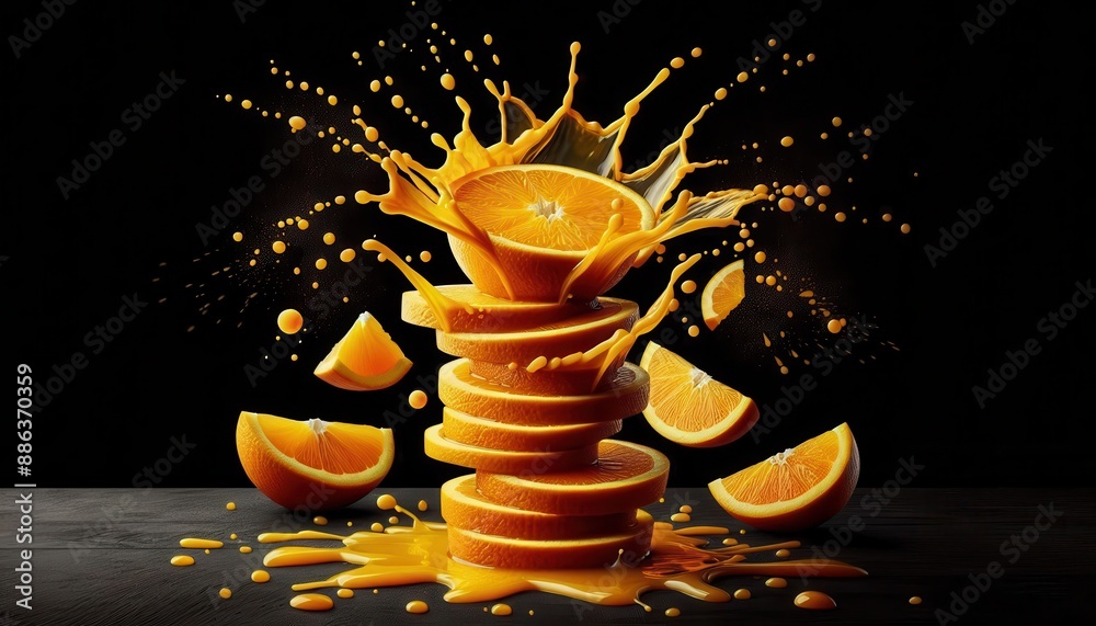 stack of sliced oranges overflowing with orange juice. The slices are a ...