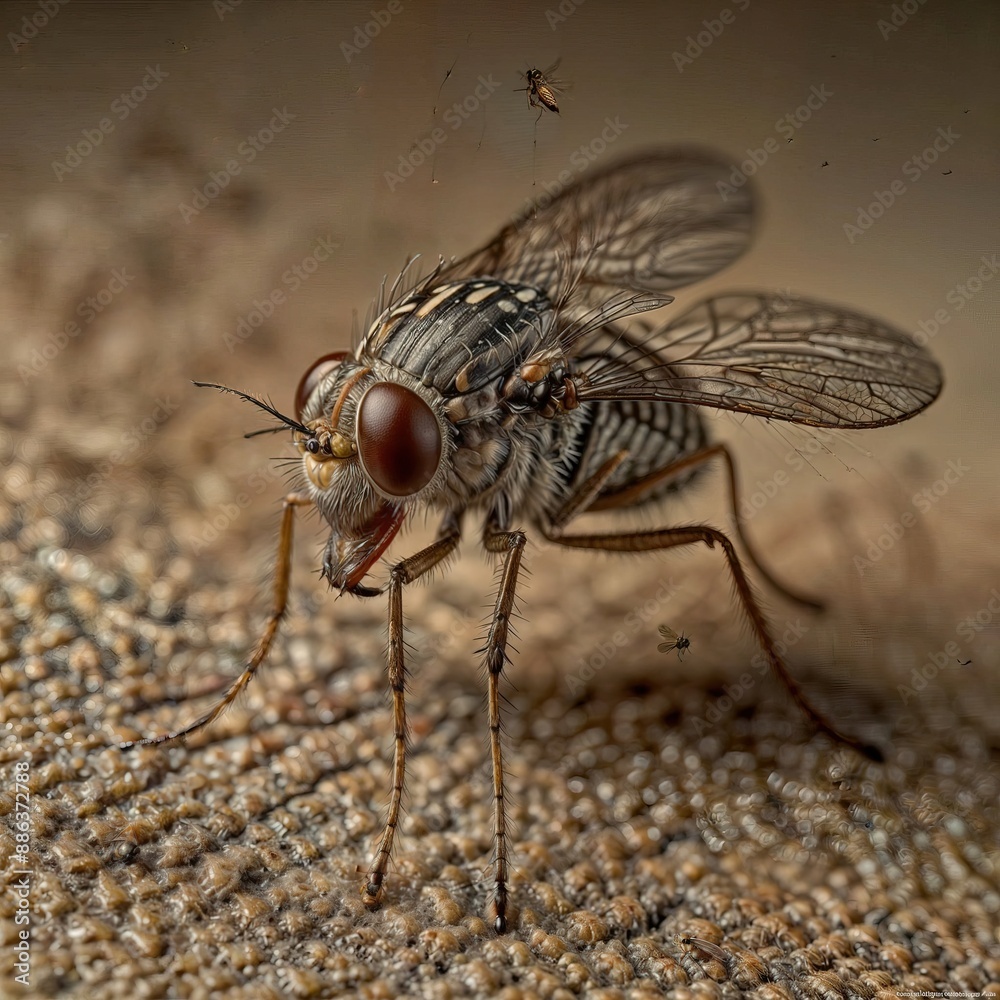 A tsetse fly, shown in a close-up view, landing on human skin ...