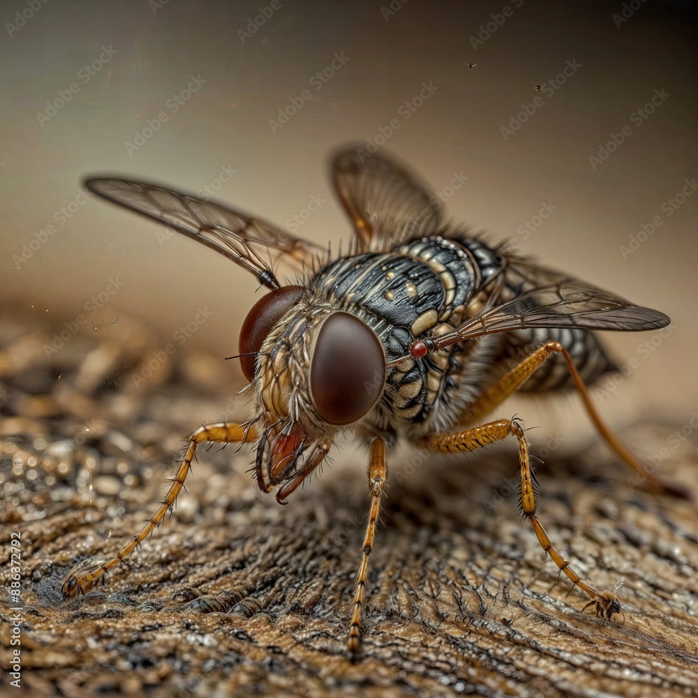 A tsetse fly, shown in a close-up view, landing on human skin ...