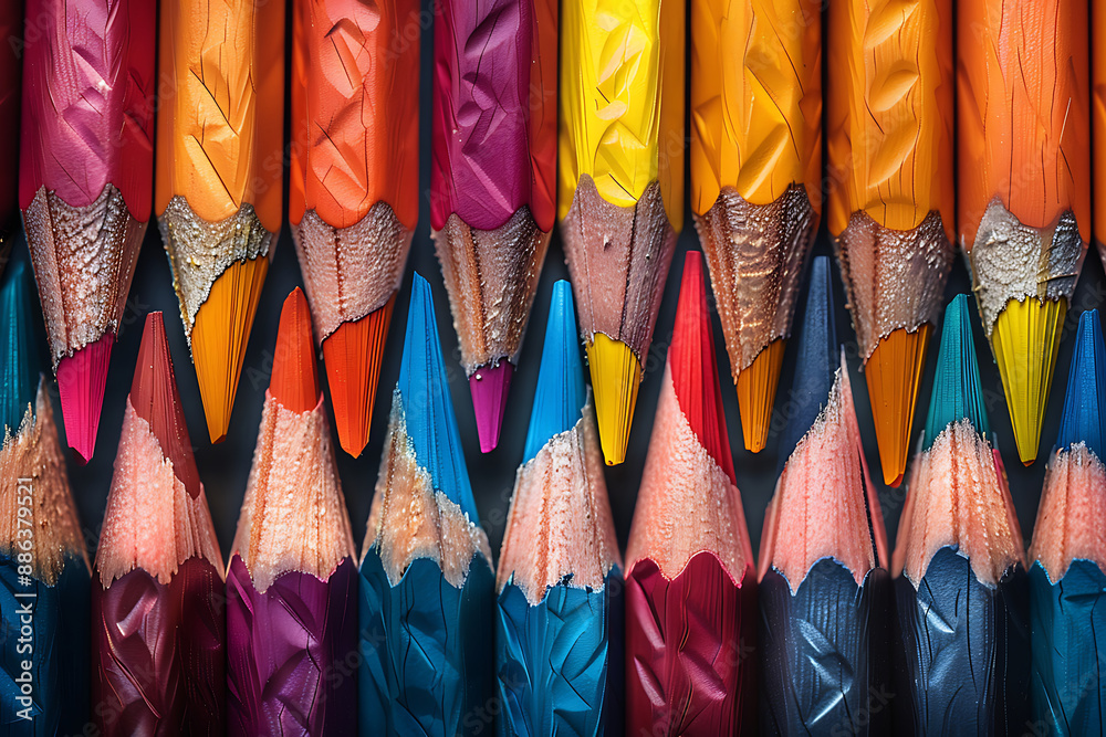 Colourful group of sharpened wooden colouring pencils on mottled ...