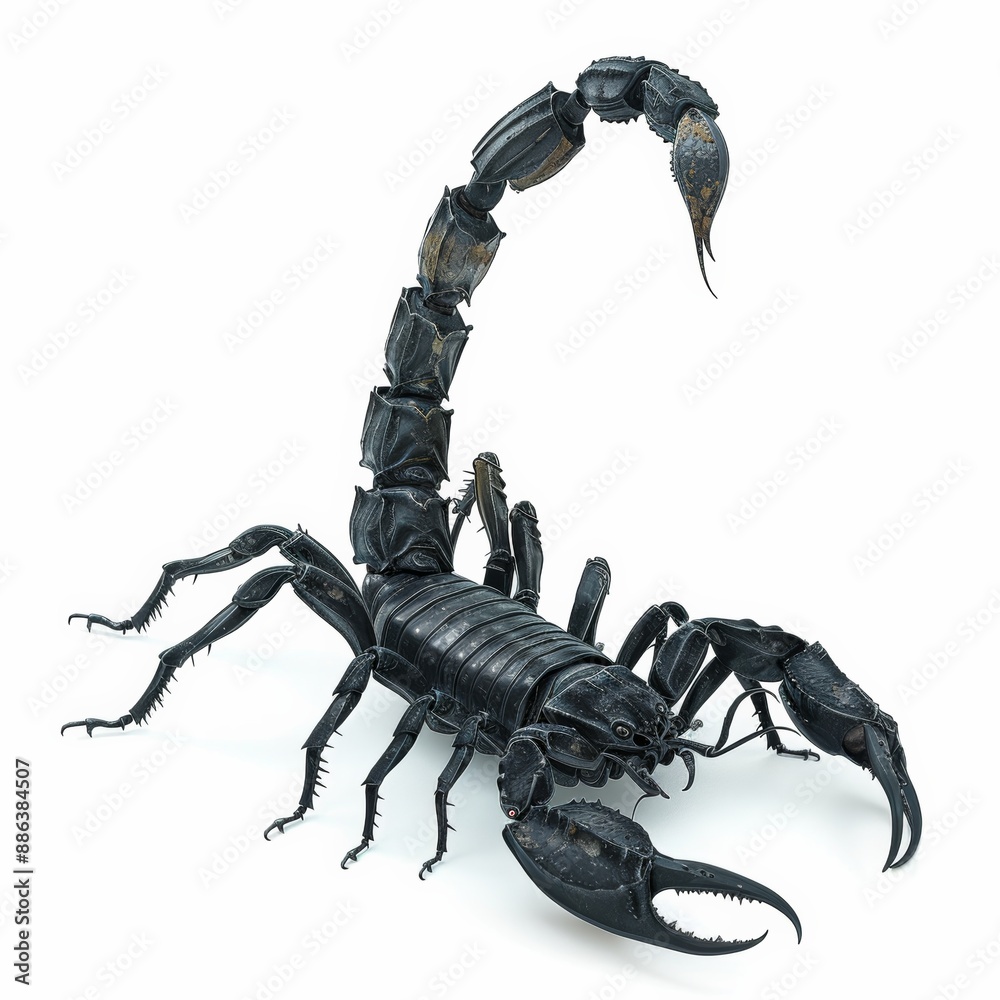 A scorpion with detailed exoskeleton and venomous pincers, isolated ...