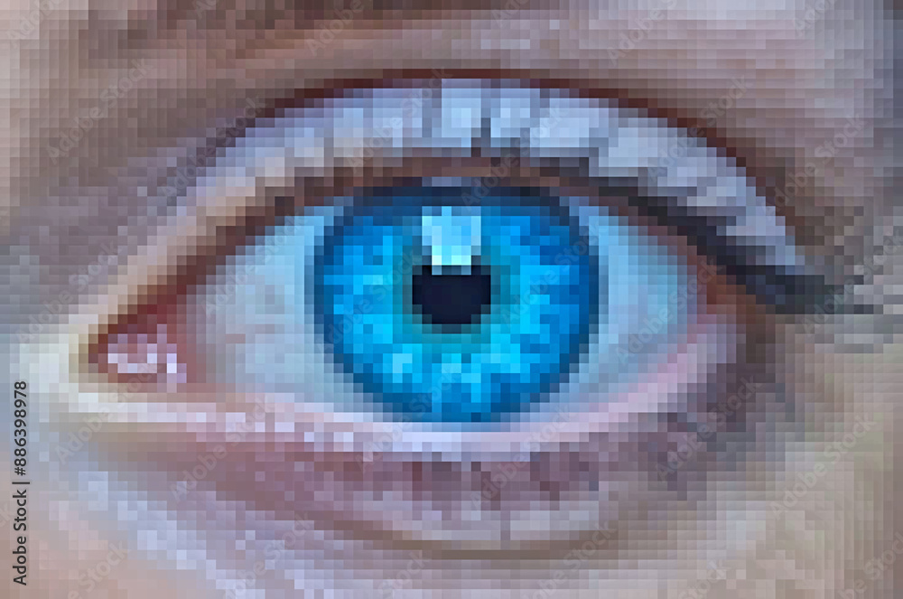 Digital picture of a woman's blue eyes, zoomed in, showing square ...