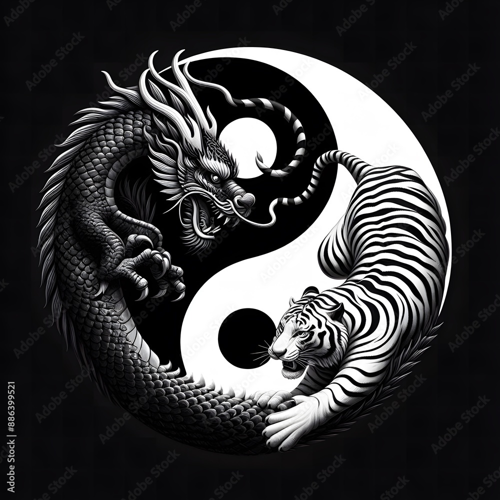 AI Generate A Black Dragon and White Tiger flying in circle create a ...