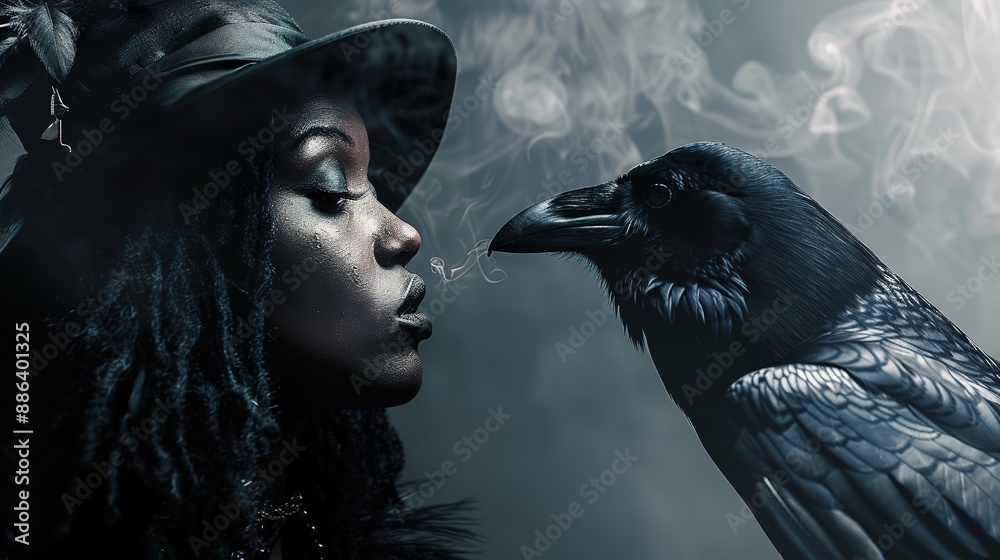 Black Witch talking to a black crow minion. Mysterious dark and goth ...