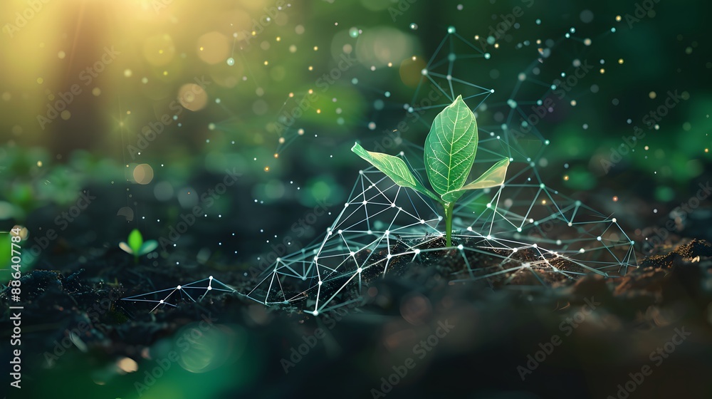 Digital rendering of a plant emerging from the soil, enveloped by ...