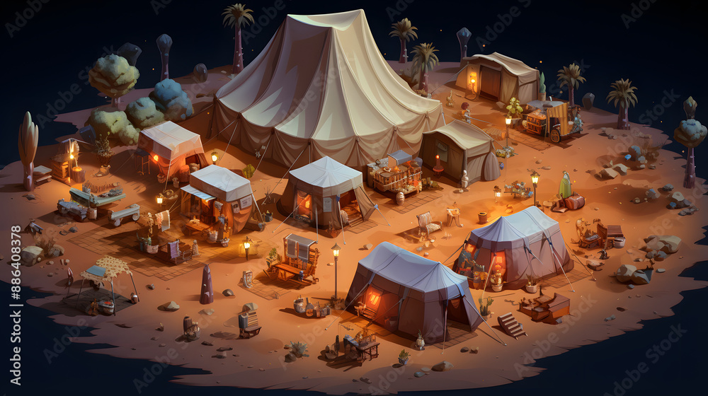A bustling night market in the desert comes alive with vibrant tents ...