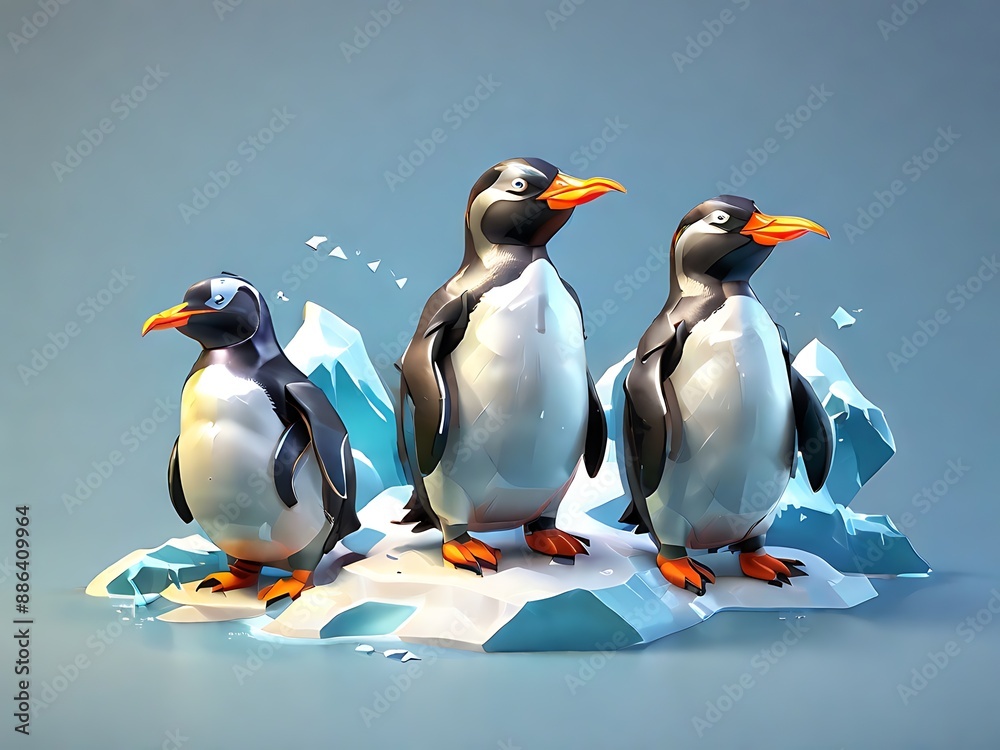 Create a 3D minimalist illustration of a group of penguins, using ...