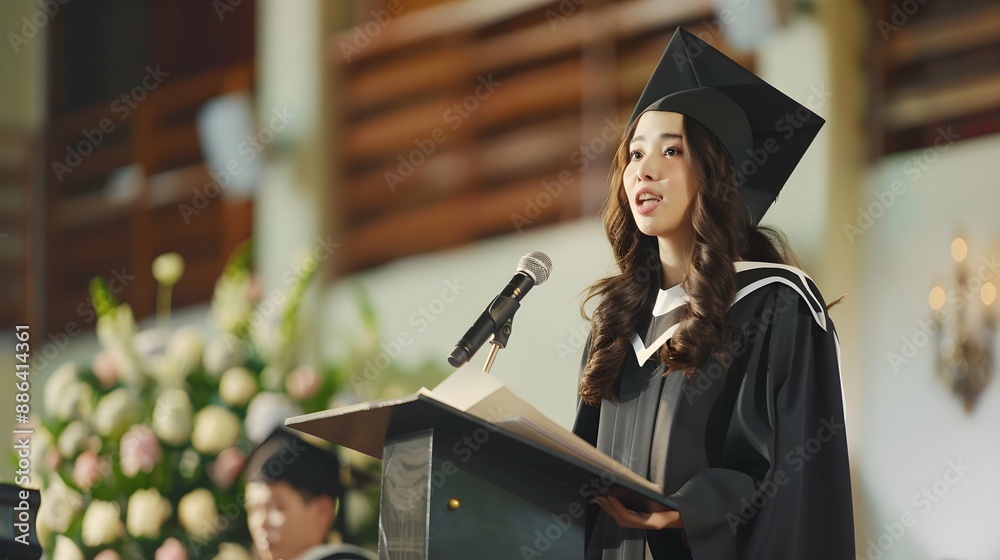 Valedictorian young student woman giving graduation speech to other ...