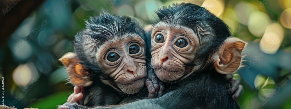 Two baby monkeys are hugging each other. Concept of warmth and ...