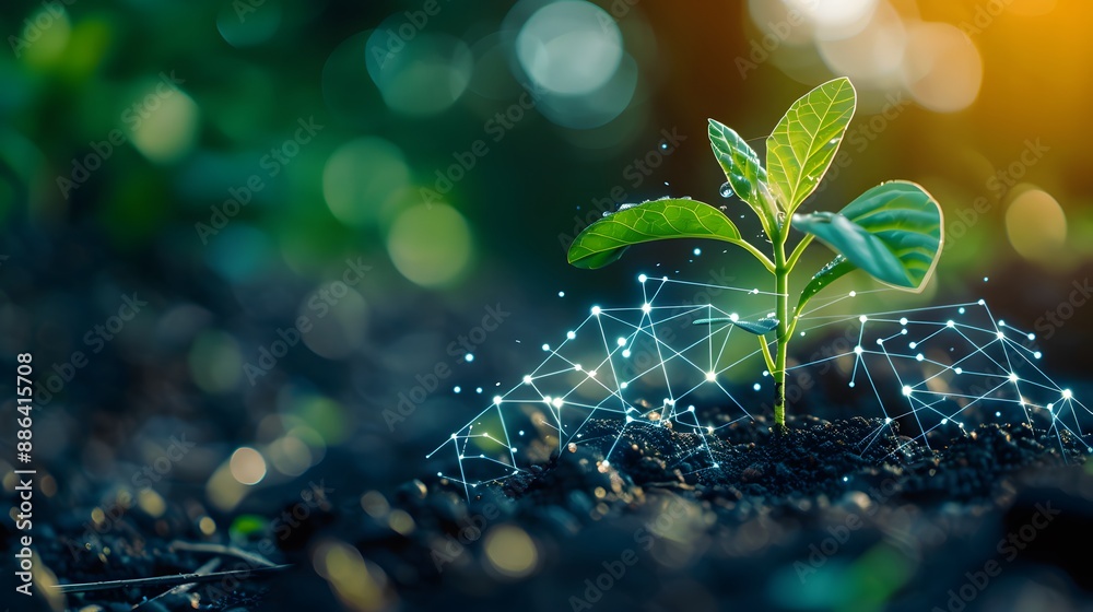 young plant emerging from soil, interwoven with digital networks and ...
