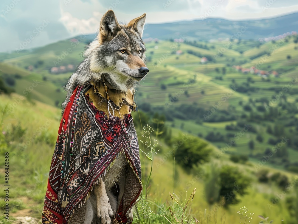 Proud Kosovar Wolf in Traditional Attire Amidst Lush Kosovo Hills Stock ...