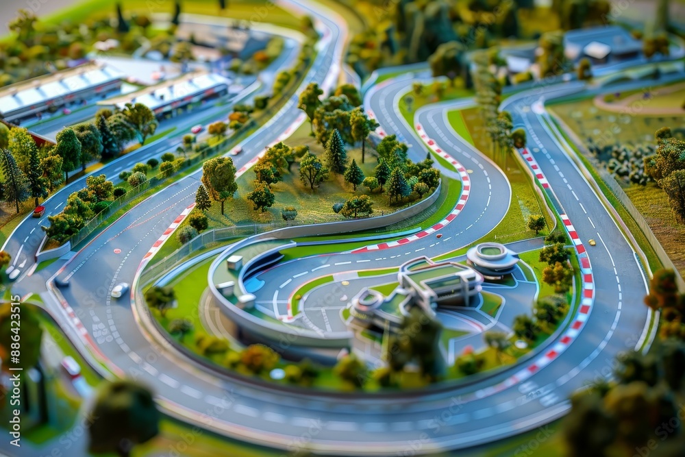 Scale model of a race track situated among city buildings, showcasing ...