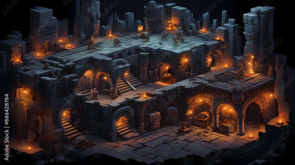 An isometric illustration of a dungeon complex lit by candles, with ...