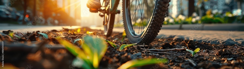 Ecowarrior cycling through a reclaimed city street, greenery ...