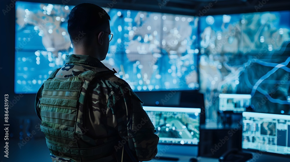 Soldier in war room using maps and screens for tactical operations ...