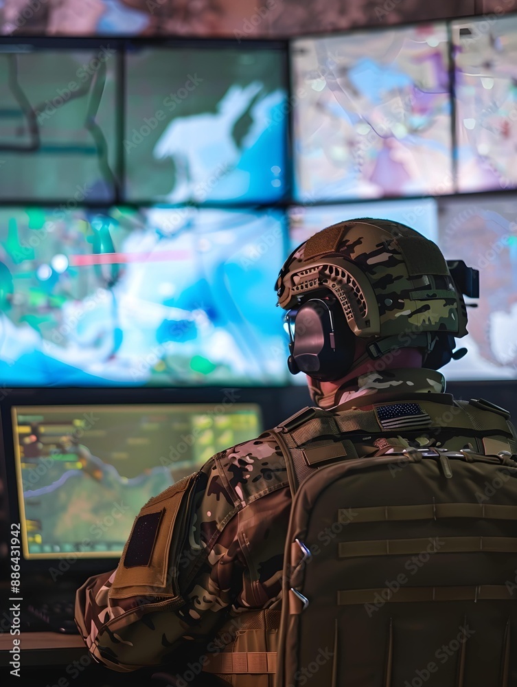Soldier in war room using maps and screens for tactical operations ...