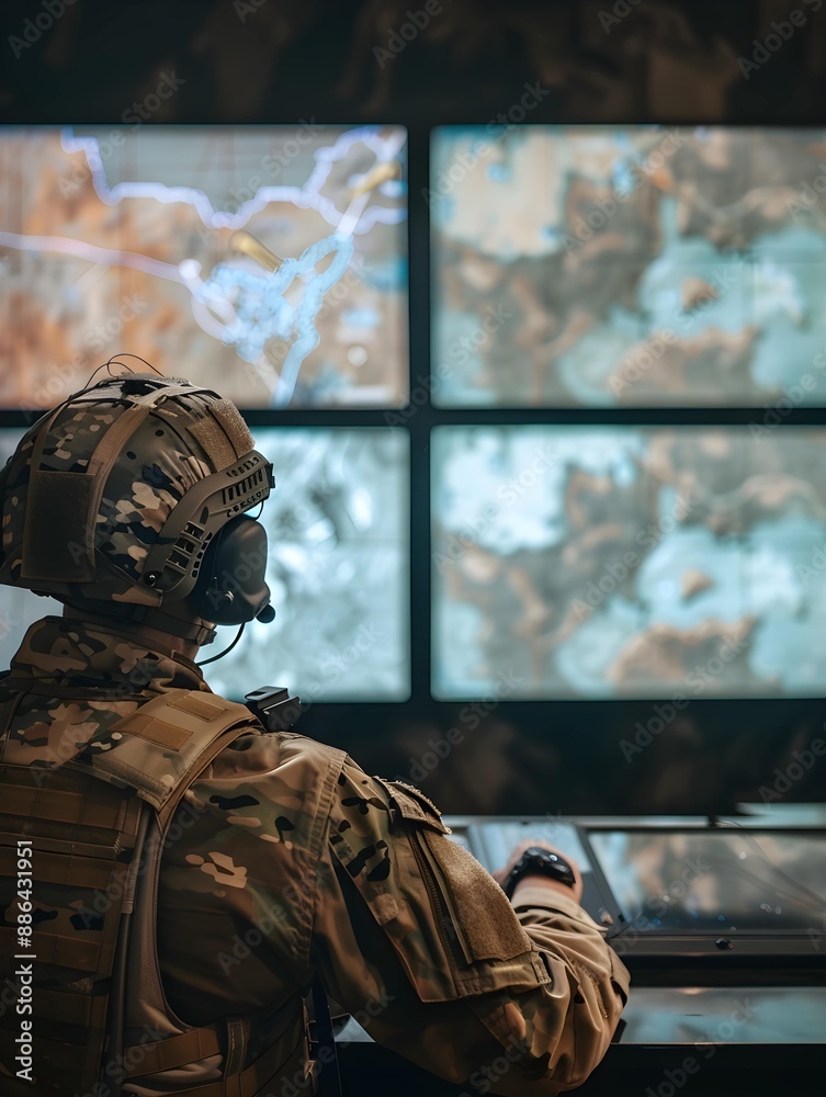 Soldier in war room using maps and screens for tactical operations ...