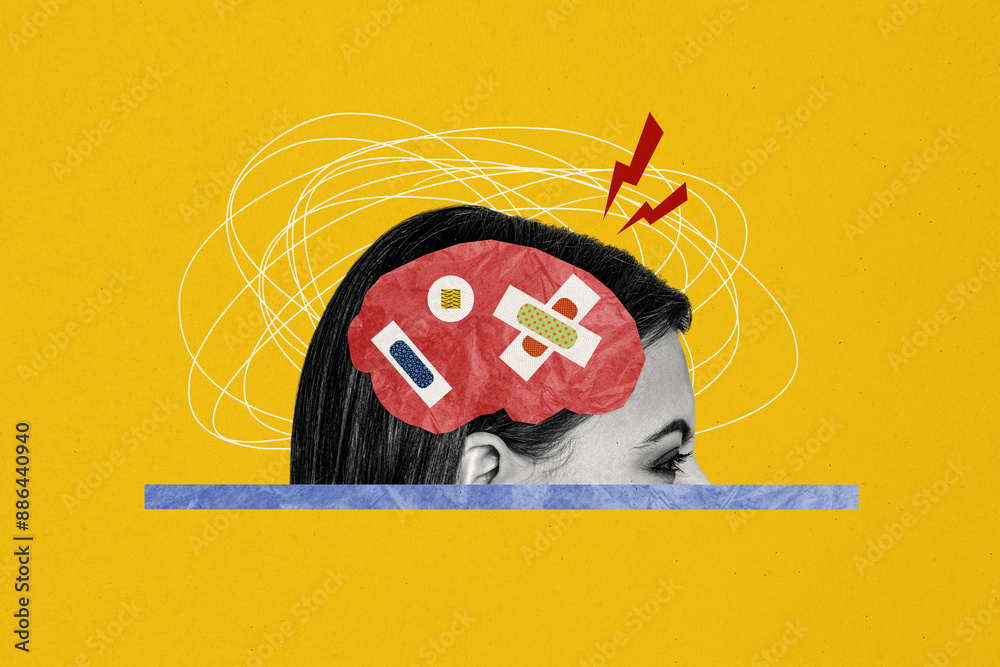 Composite photo collage of young girl half head sick brain inside taped ...