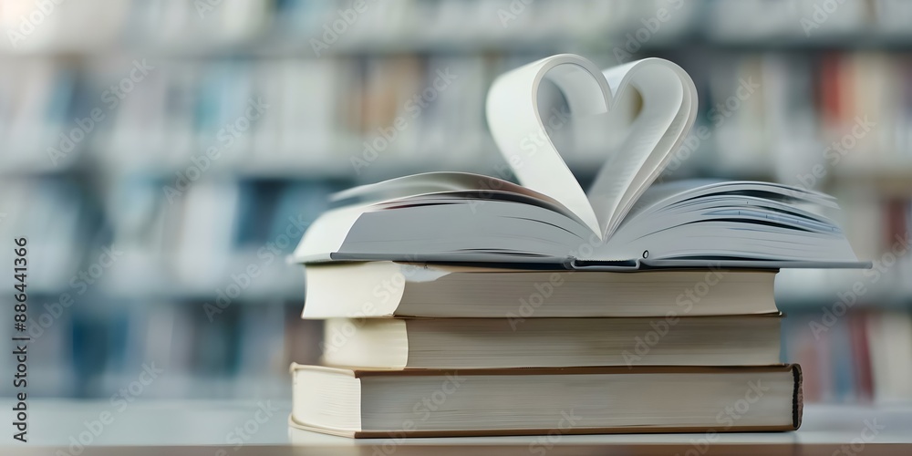 Heart-shaped book page placed in a stack of textbooks on a library ...