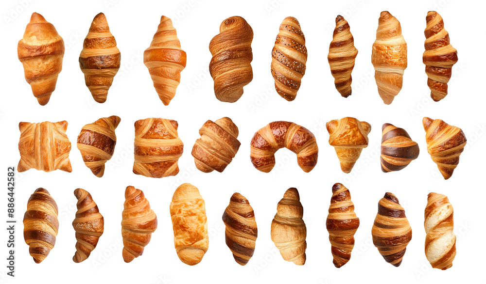 A collection of freshly baked croissants, arranged in rows, are shown ...