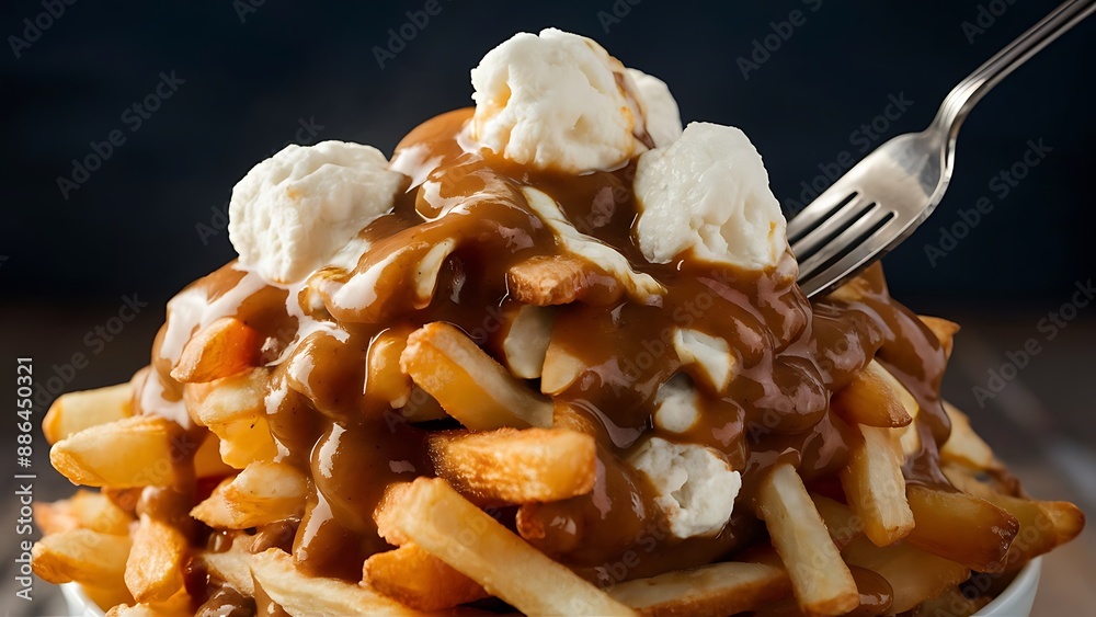 Delicious Poutine with cheese curds french fries on the table. so juicy ...