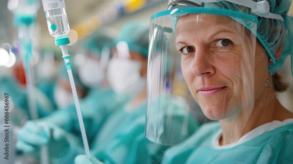 A female nurse wearing personal protective equipment, including a ...
