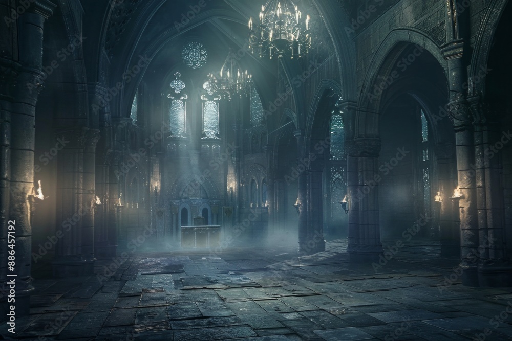 An empty gothic castle, with stone floors, towering arches, flickering ...
