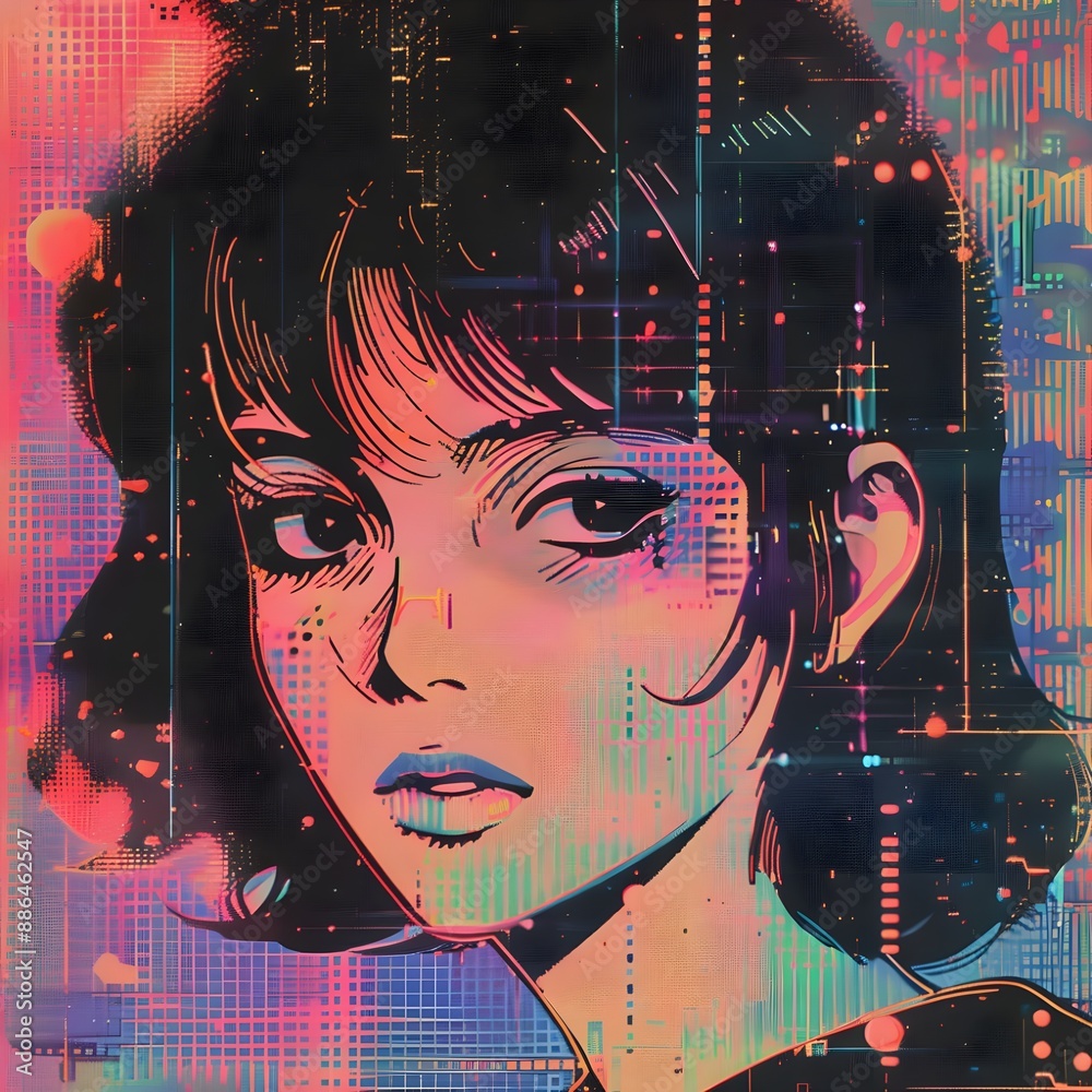 dots, 80s, nostalgic, glitchy, a retro style poster, animecore ...