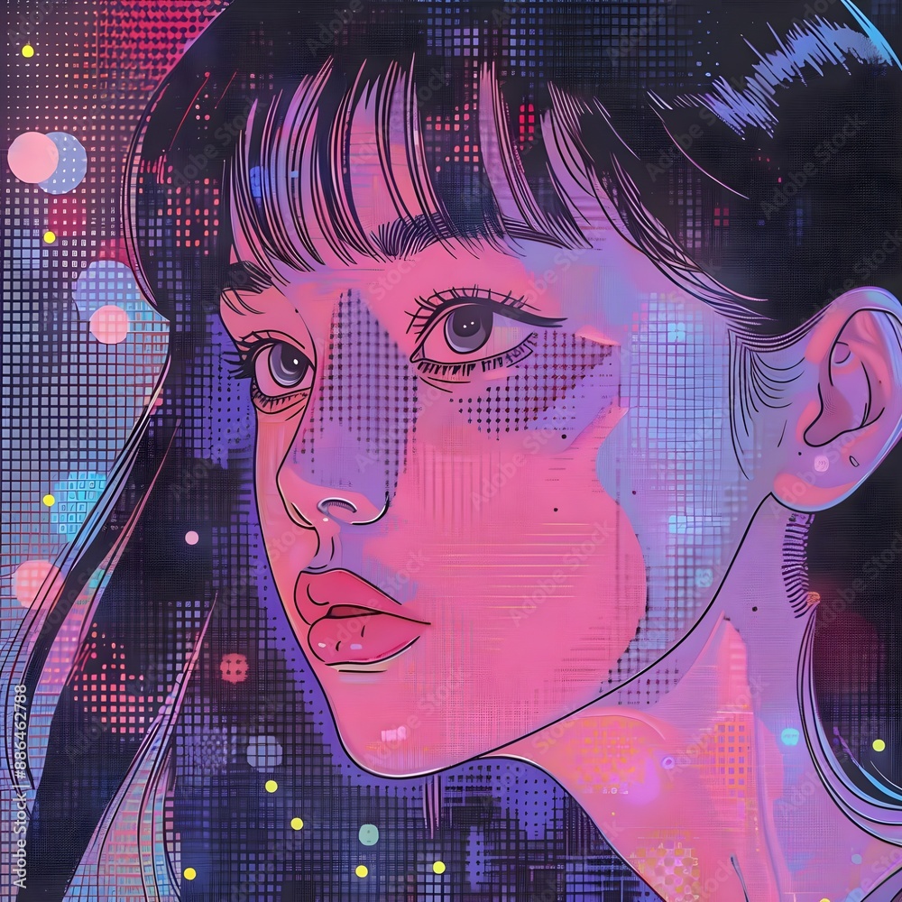 dots, 80s, nostalgic, glitchy, a retro style poster, animecore ...