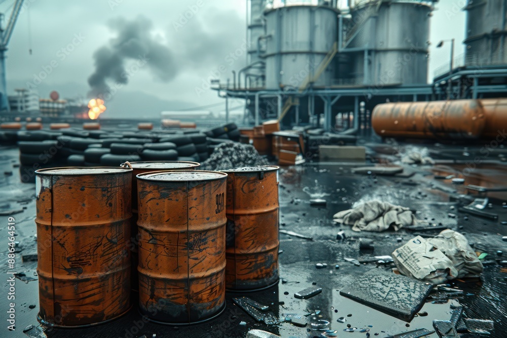 Foto de Industrial Disaster Scene, Smoke, Fire, Oil Drums, Pollution ...