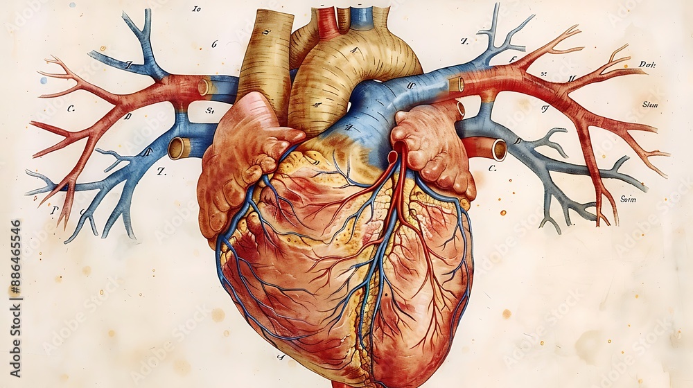 Detailed illustration of the human heart with all its major arteries ...