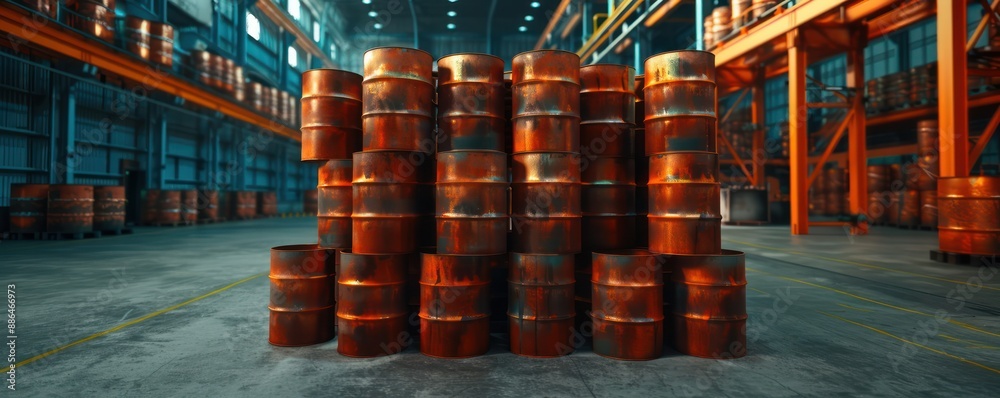 Stacked Rusty Barrels in a Warehouse, Industrial Storage, Industrial ...