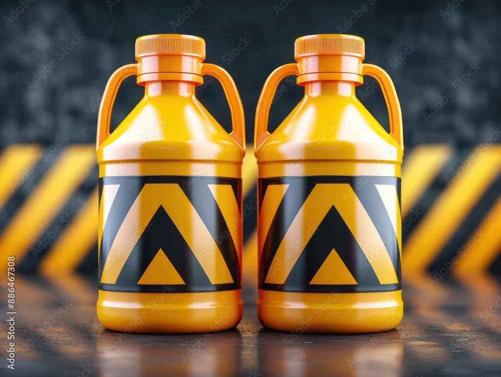 Yellow Plastic Bottles with Black Warning Labels, Industrial Chemical ...