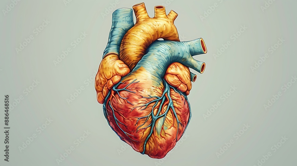 Detailed illustration of the human heart with all its major arteries ...