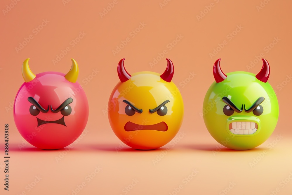Three colorful balls with angry faces and horns on a gradient ...
