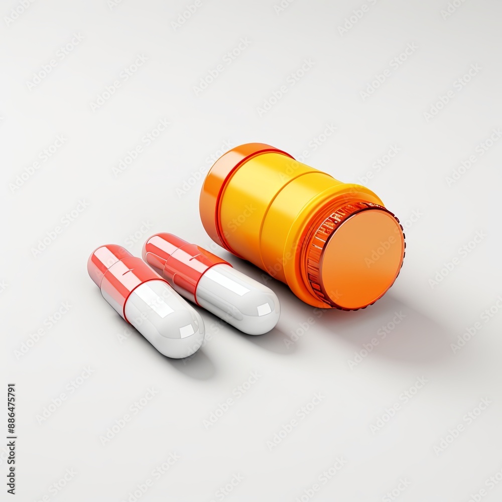 This image shows an orange and white round pill capsule and orange pill ...