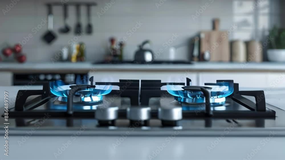A modern kitchen in 4K UHD with a gas stovetop's burners ignited ...